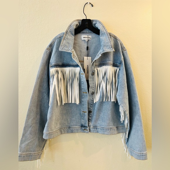 Vigoss | Jackets & Coats | Vigoss Denim Jacket With Faux Leather Fringe ...